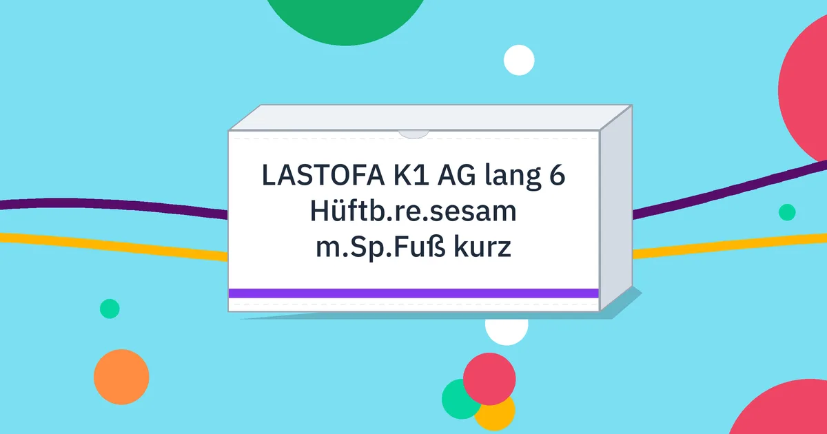 Symbolbild: Packung mit der Aufschrift LASTOFA K1 AG lang 6 Hüftb.re.sesam m.Sp.Fuß kurz (PZN 13799200) – Verfügbarkeit und Bezug in Apotheken in Frankfurt am Main