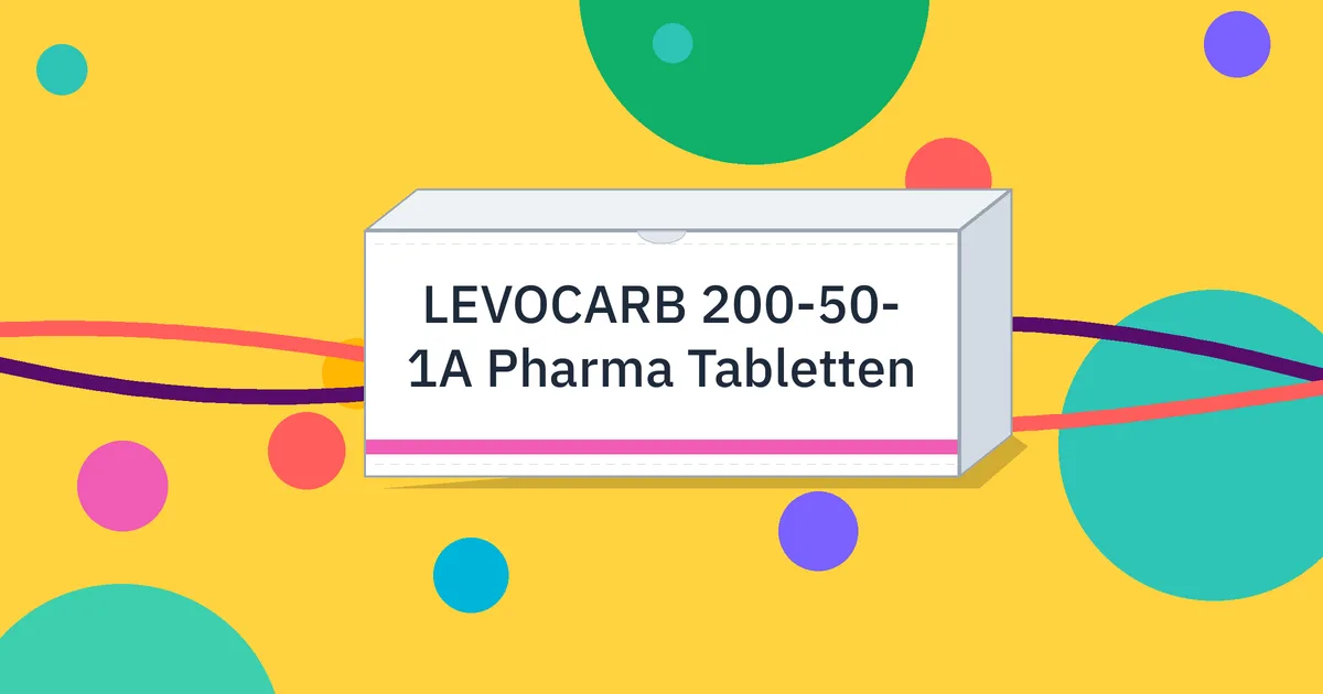 Symbolbild: Packung mit der Aufschrift LEVOCARB 200-50-1A Pharma Tabletten (PZN 07510299) – Verfügbarkeit und Bezug in Apotheken in Frankfurt am Main
