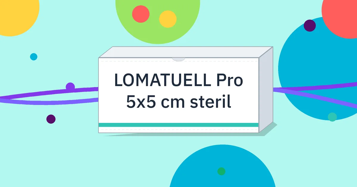Symbolbild: Packung mit der Aufschrift LOMATUELL Pro 5x5 cm steril (PZN 17972049) – Verfügbarkeit und Bezug in Apotheken in Frankfurt am Main