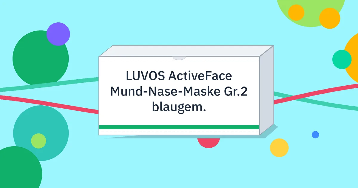 Symbolbild: Packung mit der Aufschrift LUVOS ActiveFace Mund-Nase-Maske Gr.2 blaugem. (PZN 16679821) – Verfügbarkeit und Bezug in Apotheken in Frankfurt am Main