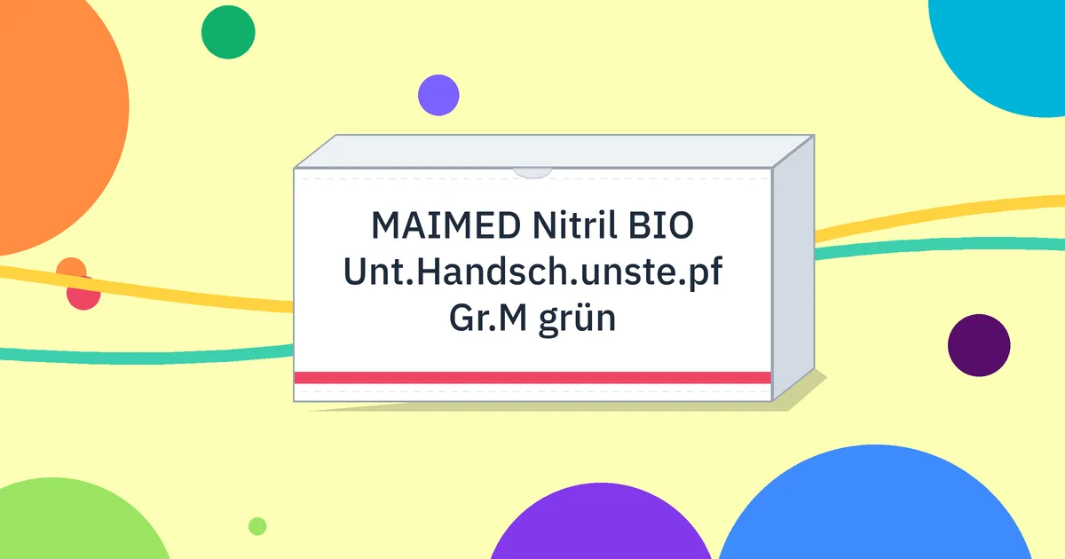 Symbolbild: Packung mit der Aufschrift MAIMED Nitril BIO Unt.Handsch.unste.pf Gr.M grün (PZN 18446015) – Verfügbarkeit und Bezug in Apotheken in Frankfurt am Main