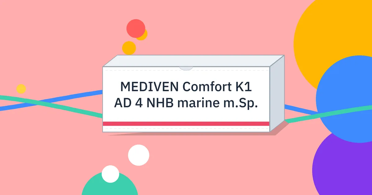 Symbolbild: Packung mit der Aufschrift MEDIVEN Comfort K1 AD 4 NHB marine m.Sp. (PZN 14560984) – Verfügbarkeit und Bezug in Apotheken in Frankfurt am Main