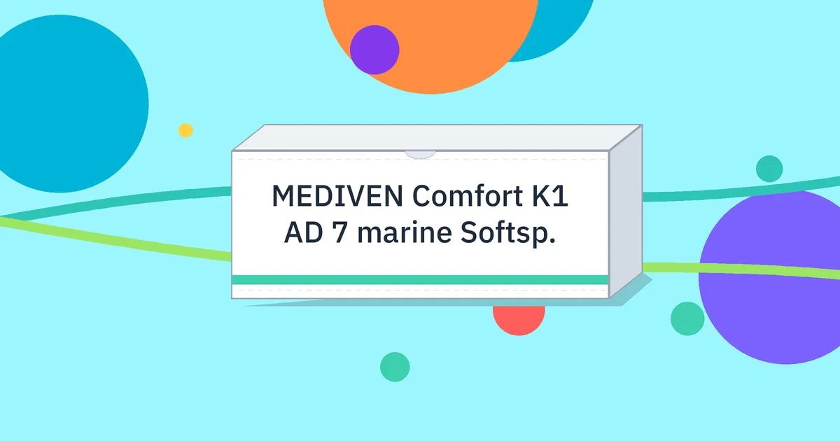 Symbolbild: Packung mit der Aufschrift MEDIVEN Comfort K1 AD 7 marine Softsp. (PZN 14559834) – Verfügbarkeit und Bezug in Apotheken in Frankfurt am Main