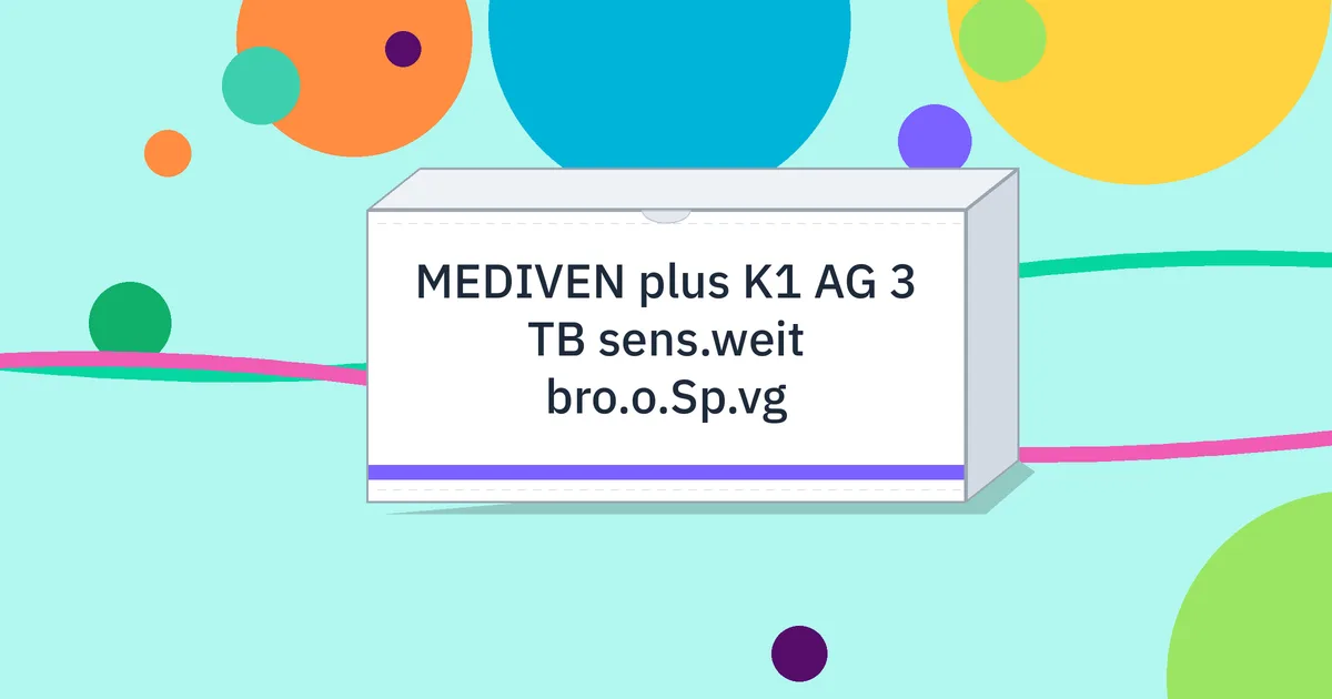 Symbolbild: Packung mit der Aufschrift MEDIVEN plus K1 AG 3 TB sens.weit bro.o.Sp.vg (PZN 15065726) – Verfügbarkeit und Bezug in Apotheken in Frankfurt am Main