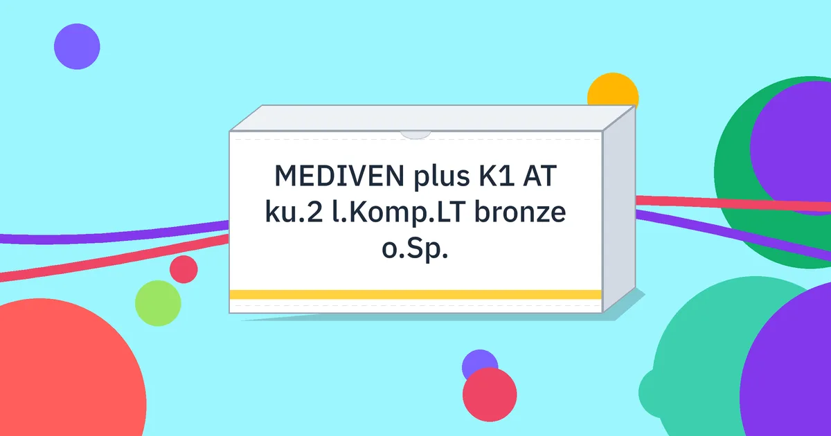 Symbolbild: Packung mit der Aufschrift MEDIVEN plus K1 AT ku.2 l.Komp.LT bronze o.Sp. (PZN 15029618) – Verfügbarkeit und Bezug in Apotheken in Frankfurt am Main