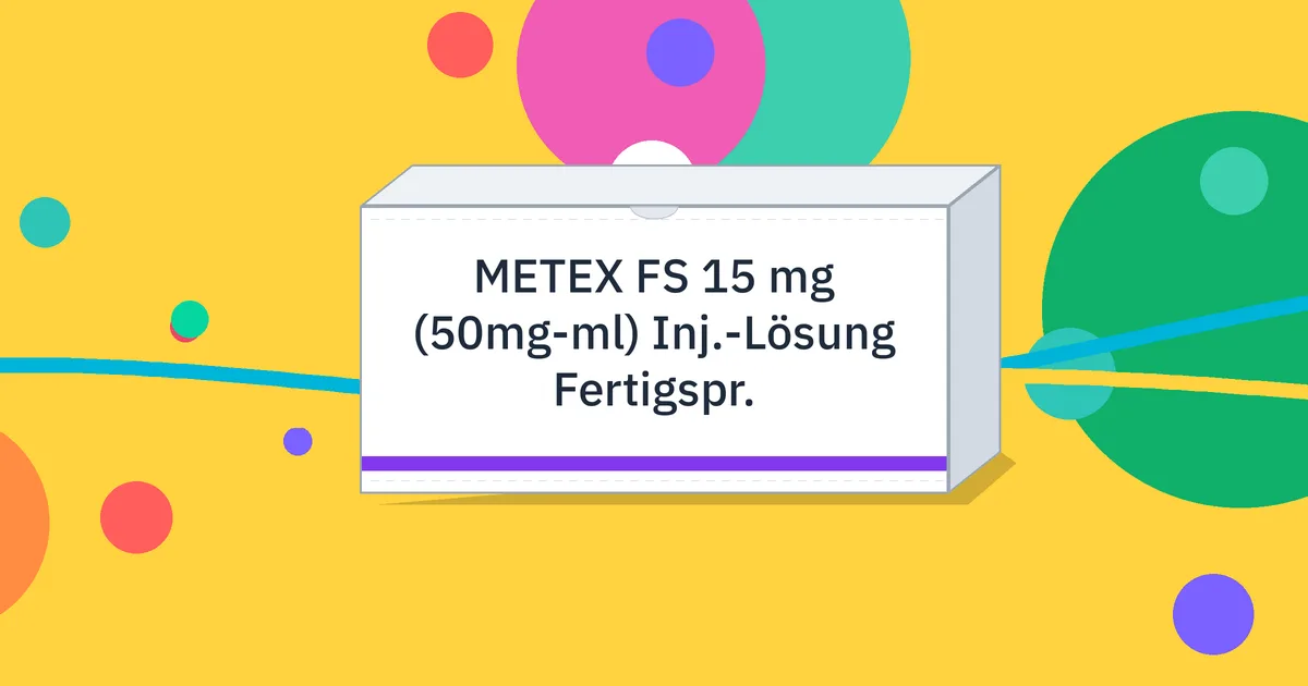 Symbolbild: Packung mit der Aufschrift METEX FS 15 mg (50mg-ml) Inj.-Lösung Fertigspr. (PZN 00148984) – Verfügbarkeit und Bezug in Apotheken in Frankfurt am Main