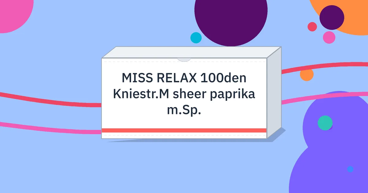 Symbolbild: Packung mit der Aufschrift MISS RELAX 100den Kniestr.M sheer paprika m.Sp. (PZN 01635462) – Verfügbarkeit und Bezug in Apotheken in Frankfurt am Main