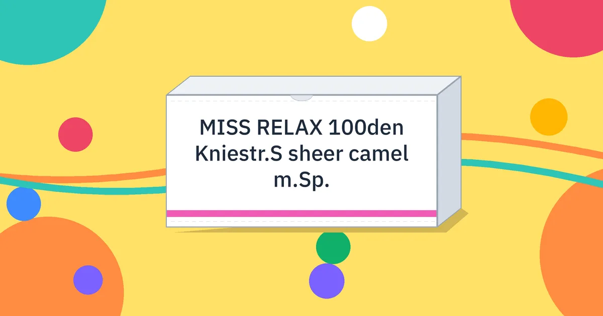 Symbolbild: Packung mit der Aufschrift MISS RELAX 100den Kniestr.S sheer camel m.Sp. (PZN 01635427) – Verfügbarkeit und Bezug in Apotheken in Frankfurt am Main