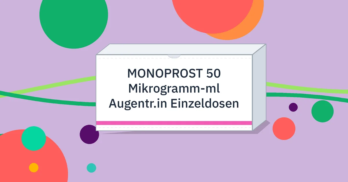 Symbolbild: Packung mit der Aufschrift MONOPROST 50 Mikrogramm-ml Augentr.in Einzeldosen (PZN 09683495) – Verfügbarkeit und Bezug in Apotheken in Frankfurt am Main