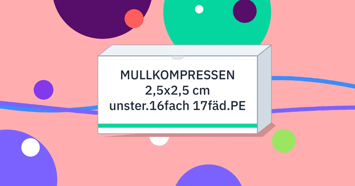 Symbolbild: Packung mit der Aufschrift MULLKOMPRESSEN 2,5x2,5 cm unster.16fach 17fäd.PE (PZN 06928594) – Verfügbarkeit und Bezug in Apotheken in Frankfurt am Main