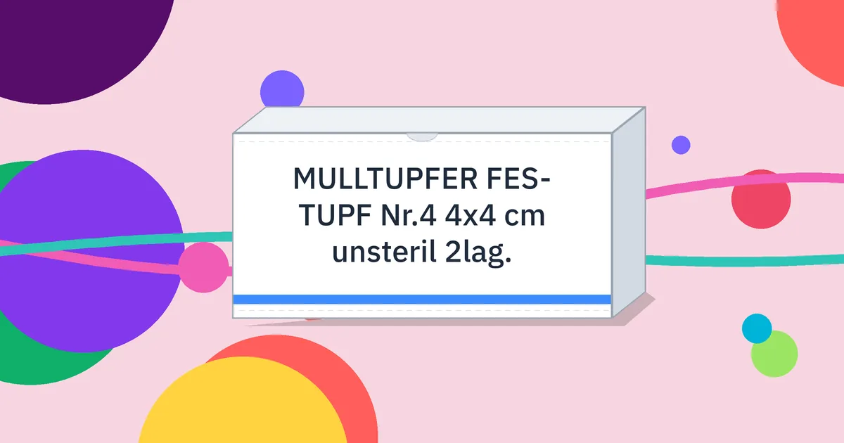 Symbolbild: Packung mit der Aufschrift MULLTUPFER FES-TUPF Nr.4 4x4 cm unsteril 2lag. (PZN 04050638) – Verfügbarkeit und Bezug in Apotheken in Frankfurt am Main