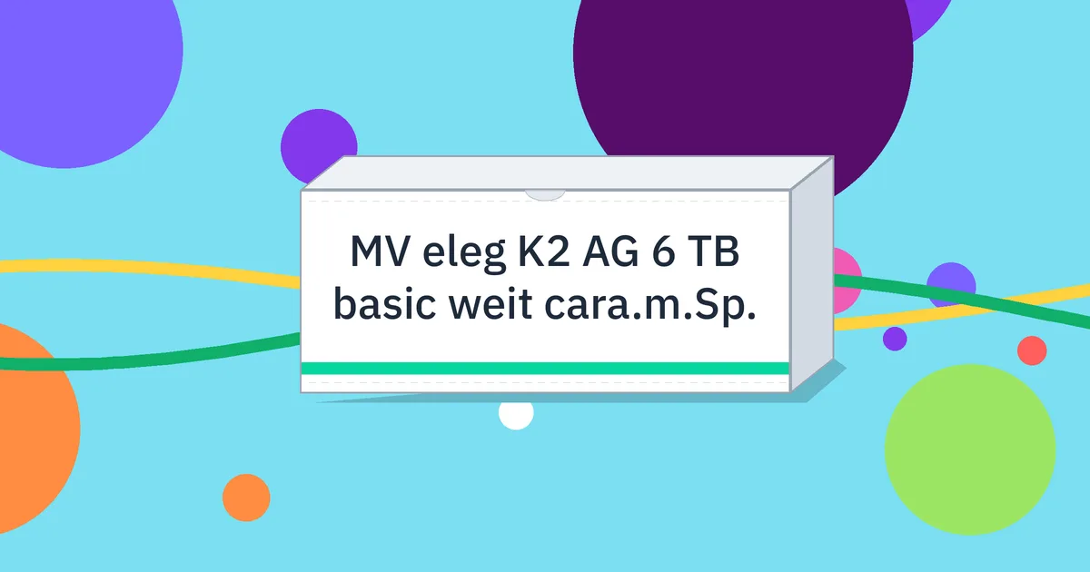 Symbolbild: Packung mit der Aufschrift MV eleg K2 AG 6 TB basic weit cara.m.Sp. (PZN 00210105) – Verfügbarkeit und Bezug in Apotheken in Frankfurt am Main