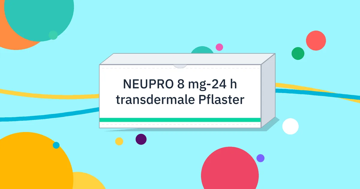Symbolbild: Packung mit der Aufschrift NEUPRO 8 mg-24 h transdermale Pflaster (PZN 01557845) – Verfügbarkeit und Bezug in Apotheken in Frankfurt am Main