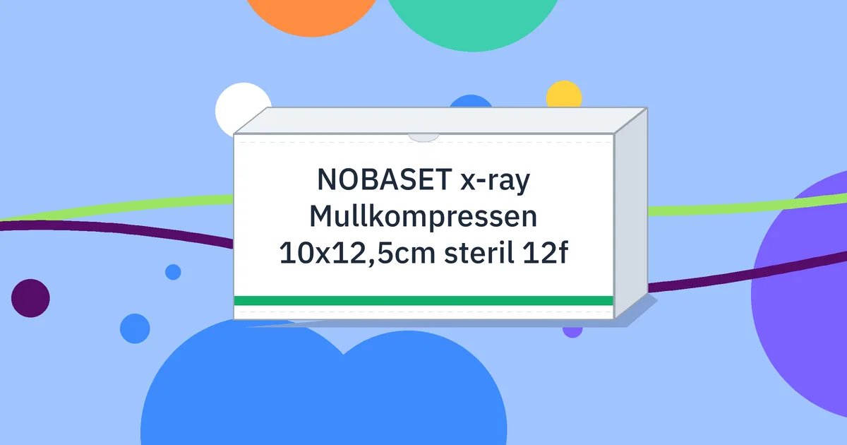 Symbolbild: Packung mit der Aufschrift NOBASET x-ray Mullkompressen 10x12,5cm steril 12f (PZN 18365096) – Verfügbarkeit und Bezug in Apotheken in Frankfurt am Main