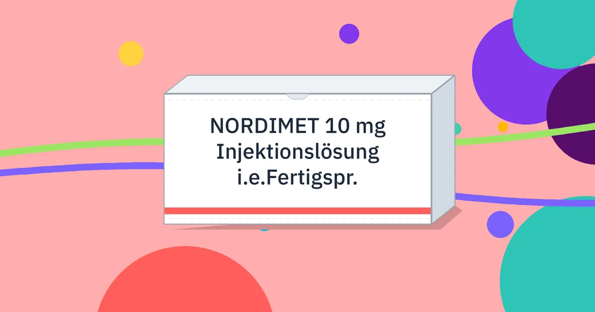 Symbolbild: Packung mit der Aufschrift NORDIMET 10 mg Injektionslösung i.e.Fertigspr. (PZN 15264762) – Verfügbarkeit und Bezug in Apotheken in Frankfurt am Main