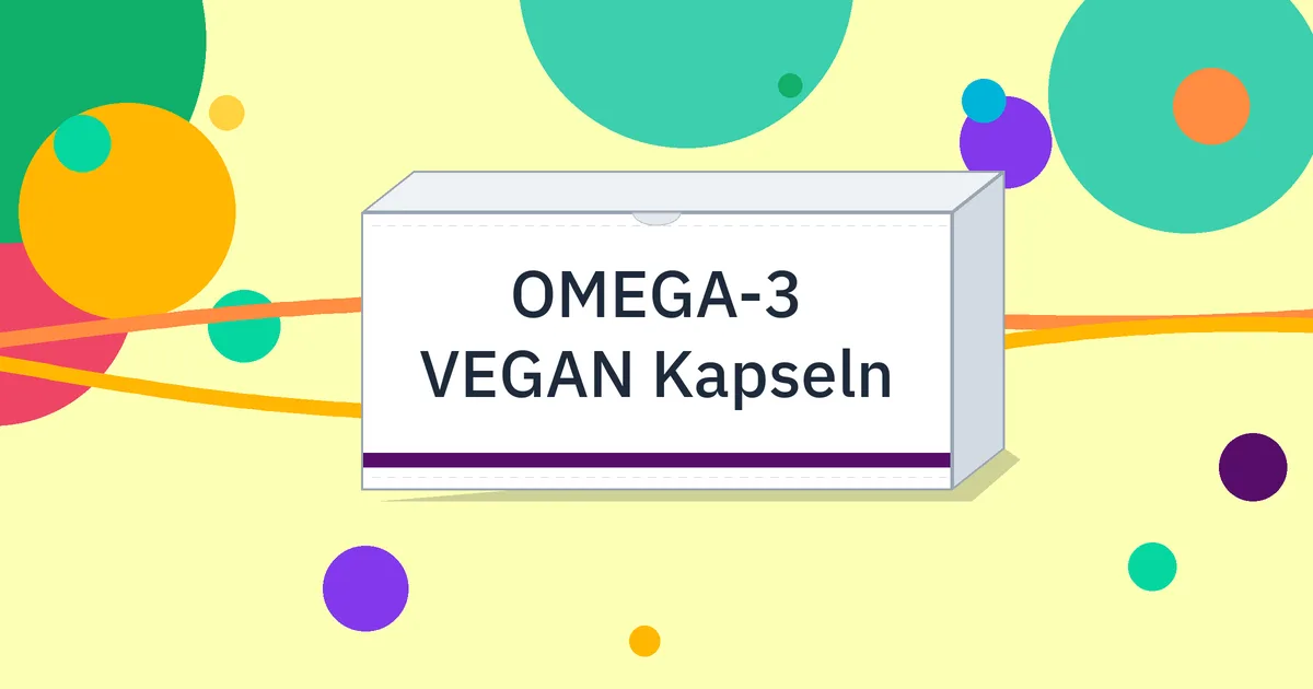 Symbolbild: Packung mit der Aufschrift OMEGA-3 VEGAN Kapseln (PZN 16801038) – Verfügbarkeit und Bezug in Apotheken in Frankfurt am Main