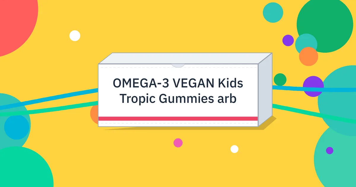 Symbolbild: Packung mit der Aufschrift OMEGA-3 VEGAN Kids Tropic Gummies arb (PZN 20078688) – Verfügbarkeit und Bezug in Apotheken in Frankfurt am Main