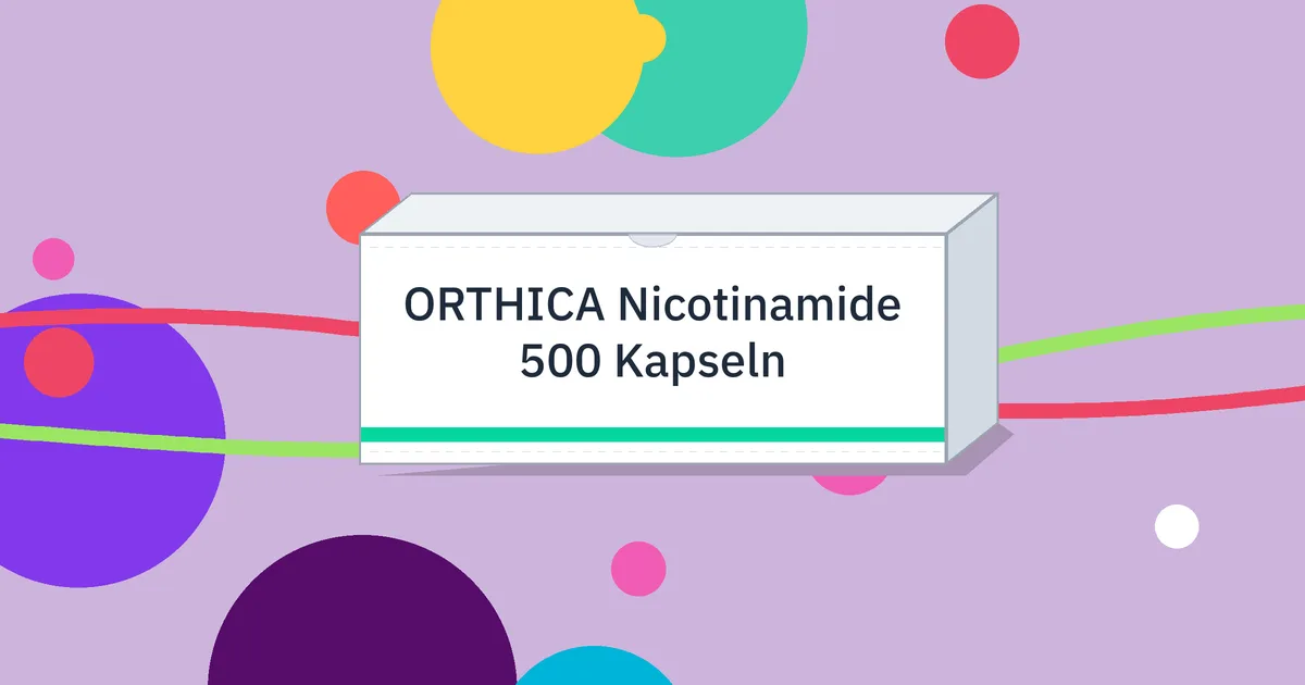 Symbolbild: Packung mit der Aufschrift ORTHICA Nicotinamide 500 Kapseln (PZN 19427178) – Verfügbarkeit und Bezug in Apotheken in Frankfurt am Main