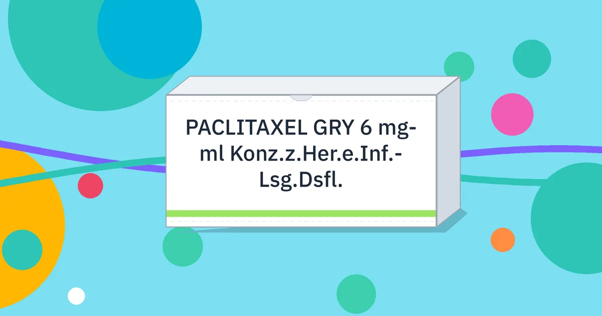 Symbolbild: Packung mit der Aufschrift PACLITAXEL GRY 6 mg-ml Konz.z.Her.e.Inf.-Lsg.Dsfl. (PZN 00399189) – Verfügbarkeit und Bezug in Apotheken in Frankfurt am Main