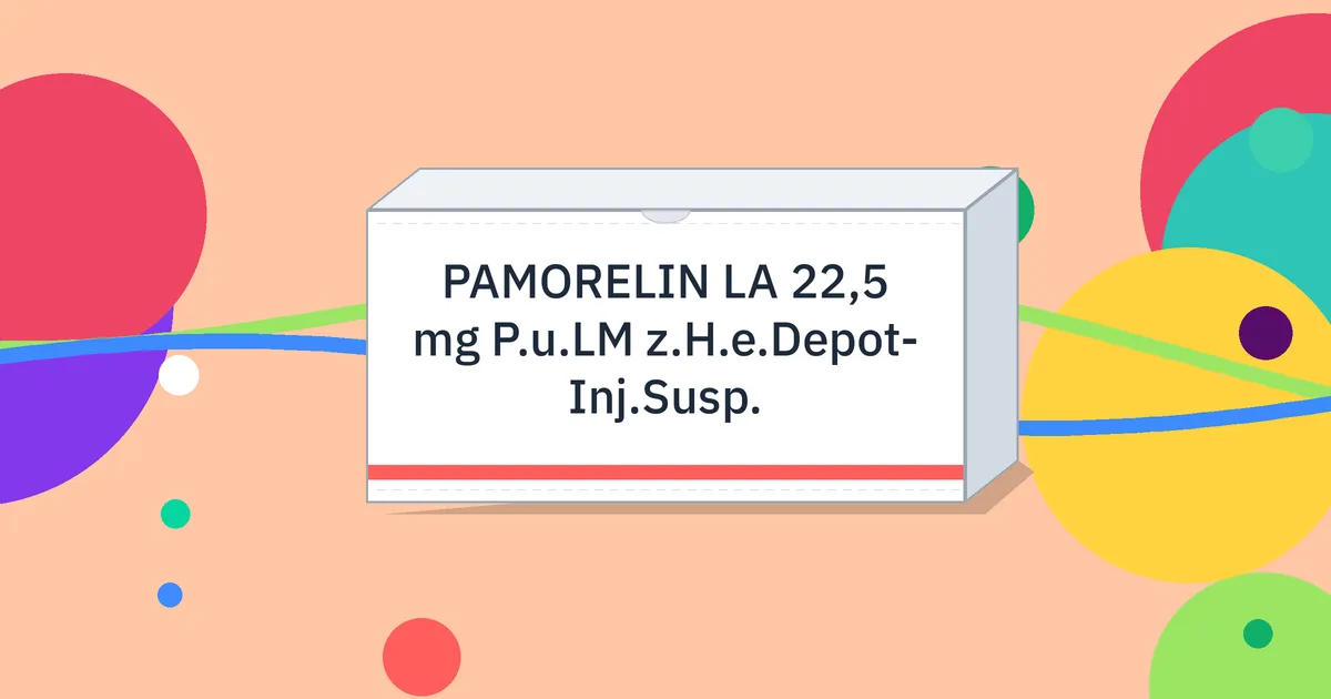 Symbolbild: Packung mit der Aufschrift PAMORELIN LA 22,5 mg P.u.LM z.H.e.Depot-Inj.Susp. (PZN 17945584) – Verfügbarkeit und Bezug in Apotheken in Frankfurt am Main
