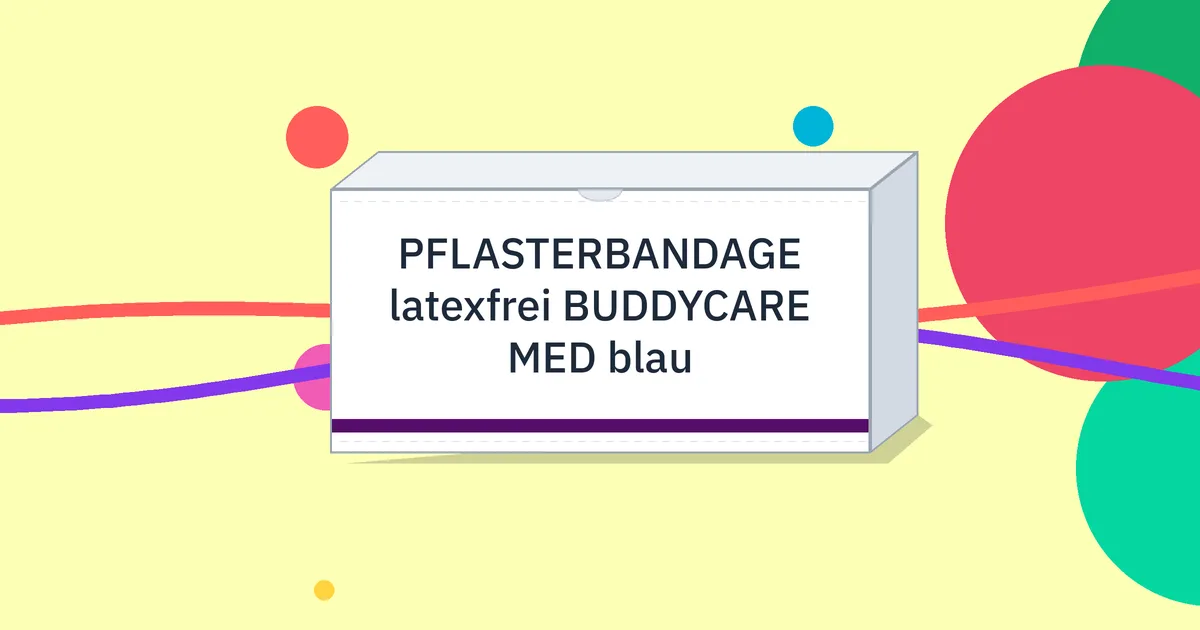 Symbolbild: Packung mit der Aufschrift PFLASTERBANDAGE latexfrei BUDDYCARE MED blau (PZN 16502548) – Verfügbarkeit und Bezug in Apotheken in Frankfurt am Main