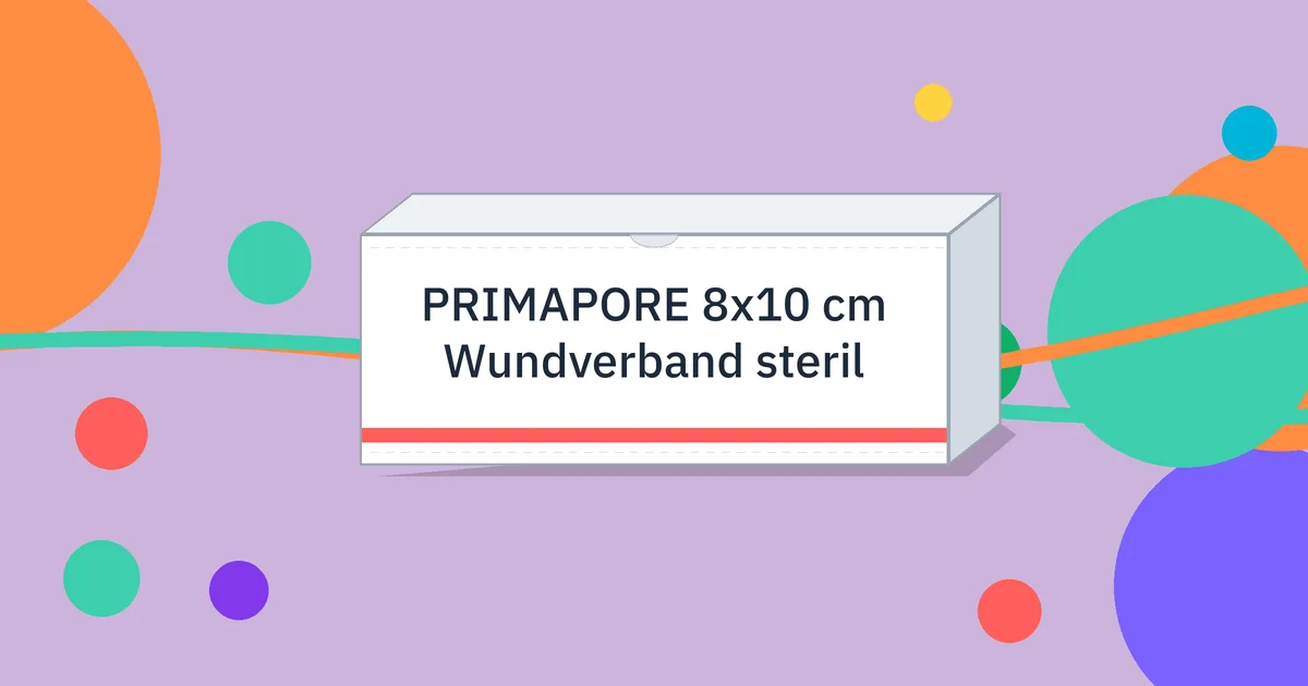 Symbolbild: Packung mit der Aufschrift PRIMAPORE 8x10 cm Wundverband steril (PZN 15887150) – Verfügbarkeit und Bezug in Apotheken in Frankfurt am Main