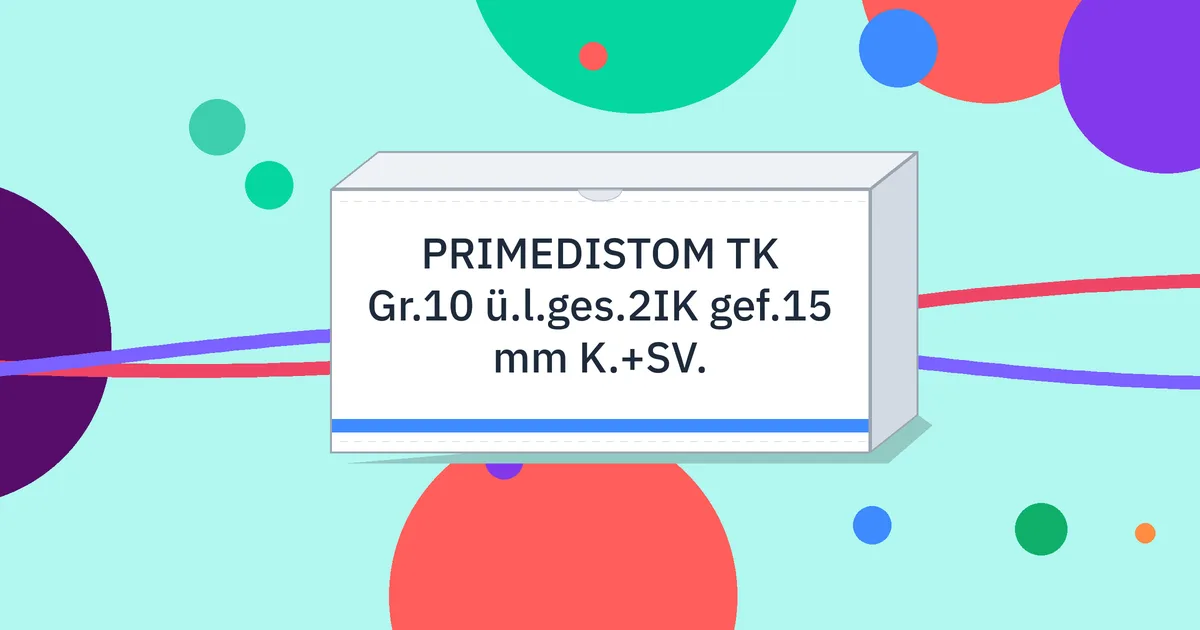 Symbolbild: Packung mit der Aufschrift PRIMEDISTOM TK Gr.10 ü.l.ges.2IK gef.15 mm K.+SV. (PZN 10928720) – Verfügbarkeit und Bezug in Apotheken in Frankfurt am Main