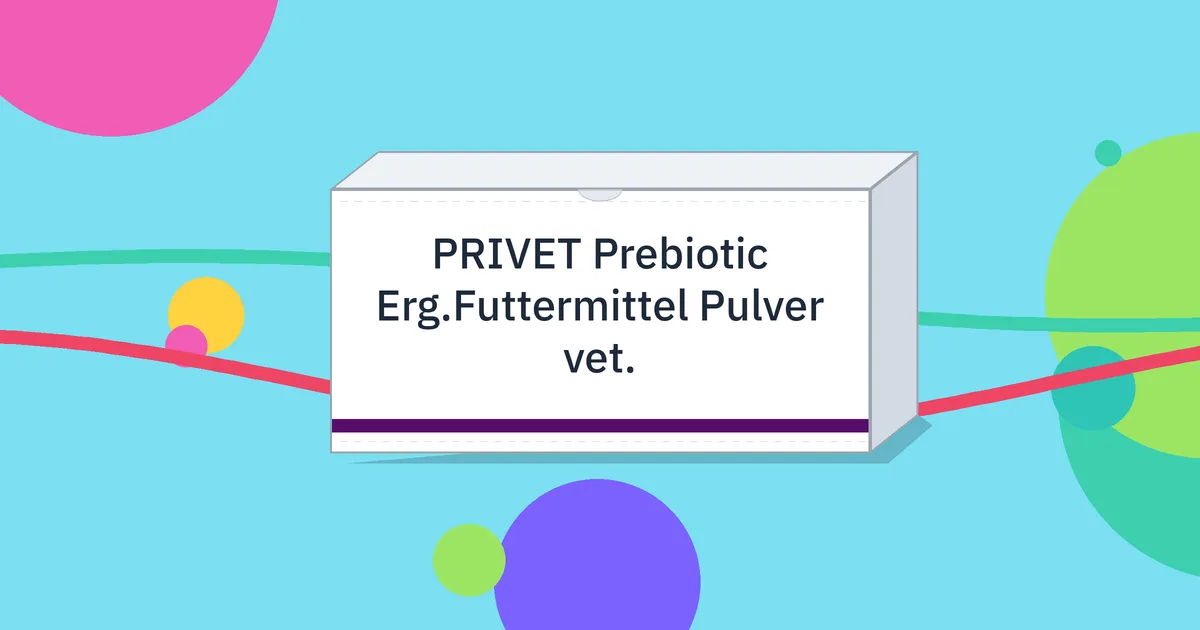 Symbolbild: Packung mit der Aufschrift PRIVET Prebiotic Erg.Futtermittel Pulver vet. (PZN 19680457) – Verfügbarkeit und Bezug in Apotheken in Frankfurt am Main