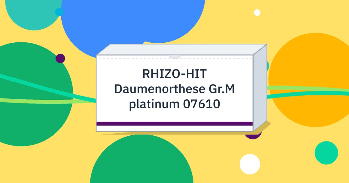 Symbolbild: Packung mit der Aufschrift RHIZO-HIT Daumenorthese Gr.M platinum 07610 (PZN 01651099) – Verfügbarkeit und Bezug in Apotheken in Frankfurt am Main