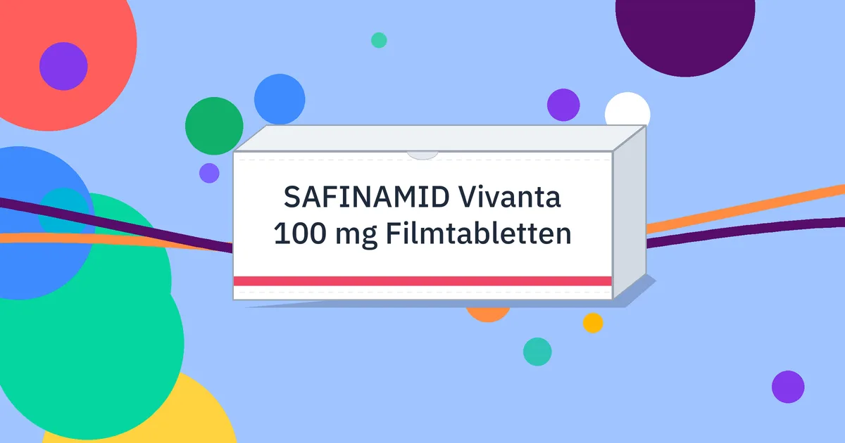 Symbolbild: Packung mit der Aufschrift SAFINAMID Vivanta 100 mg Filmtabletten (PZN 20045565) – Verfügbarkeit und Bezug in Apotheken in Frankfurt am Main
