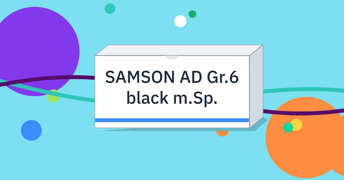 Symbolbild: Packung mit der Aufschrift SAMSON AD Gr.6 black m.Sp. (PZN 14248933) – Verfügbarkeit und Bezug in Apotheken in Frankfurt am Main