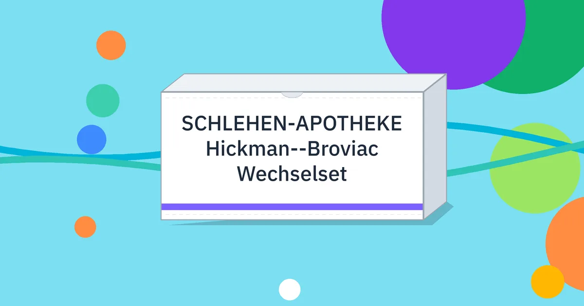 Symbolbild: Packung mit der Aufschrift SCHLEHEN-APOTHEKE Hickman--Broviac Wechselset (PZN 16229408) – Verfügbarkeit und Bezug in Apotheken in Frankfurt am Main