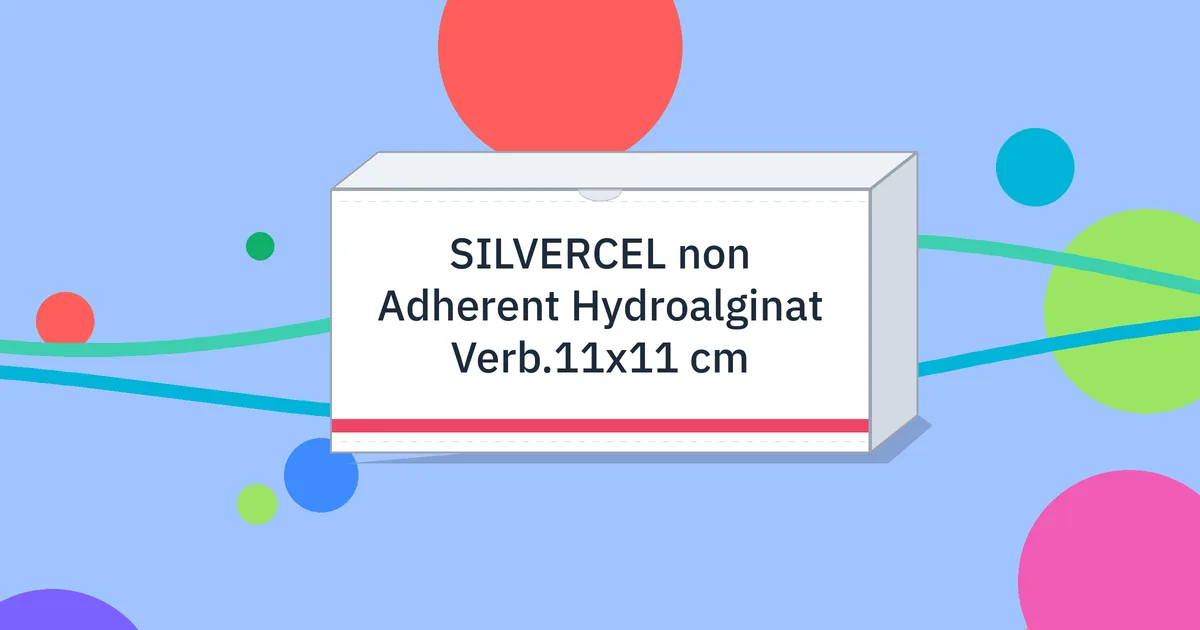 Symbolbild: Packung mit der Aufschrift SILVERCEL non Adherent Hydroalginat Verb.11x11 cm (PZN 06121414) – Verfügbarkeit und Bezug in Apotheken in Frankfurt am Main
