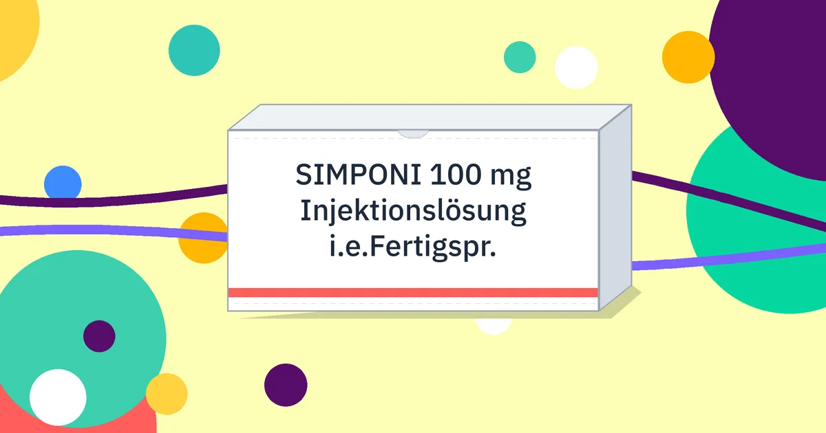 Symbolbild: Packung mit der Aufschrift SIMPONI 100 mg Injektionslösung i.e.Fertigspr. (PZN 01786557) – Verfügbarkeit und Bezug in Apotheken in Frankfurt am Main