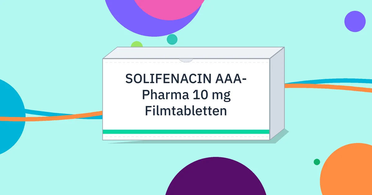 Symbolbild: Packung mit der Aufschrift SOLIFENACIN AAA-Pharma 10 mg Filmtabletten (PZN 16487240) – Verfügbarkeit und Bezug in Apotheken in Frankfurt am Main