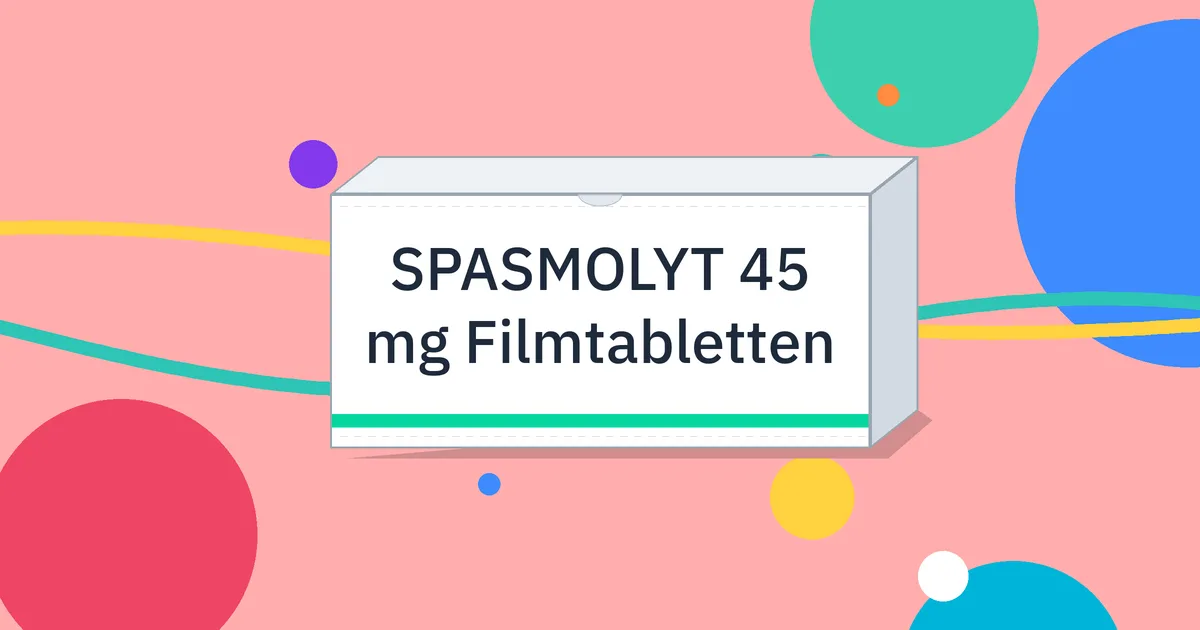 Symbolbild: Packung mit der Aufschrift SPASMOLYT 45 mg Filmtabletten (PZN 14135531) – Verfügbarkeit und Bezug in Apotheken in Frankfurt am Main