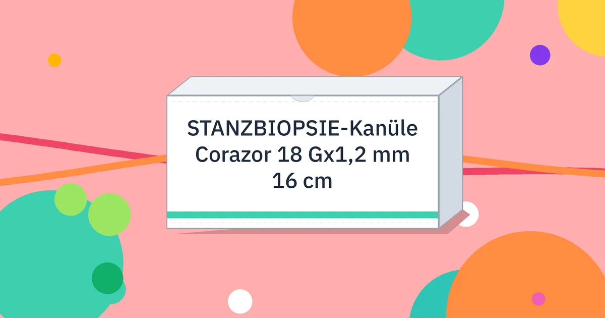 Symbolbild: Packung mit der Aufschrift STANZBIOPSIE-Kanüle Corazor 18 Gx1,2 mm 16 cm (PZN 20096108) – Verfügbarkeit und Bezug in Apotheken in Frankfurt am Main