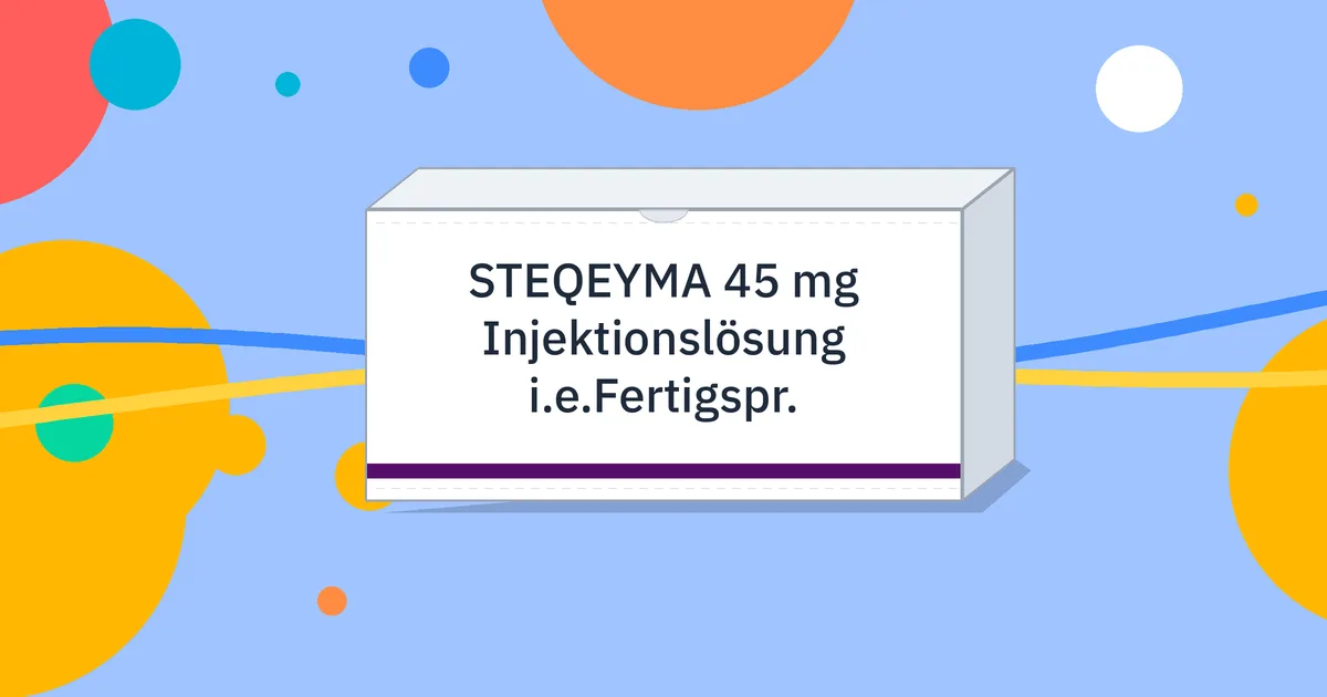 Symbolbild: Packung mit der Aufschrift STEQEYMA 45 mg Injektionslösung i.e.Fertigspr. (PZN 19795628) – Verfügbarkeit und Bezug in Apotheken in Frankfurt am Main
