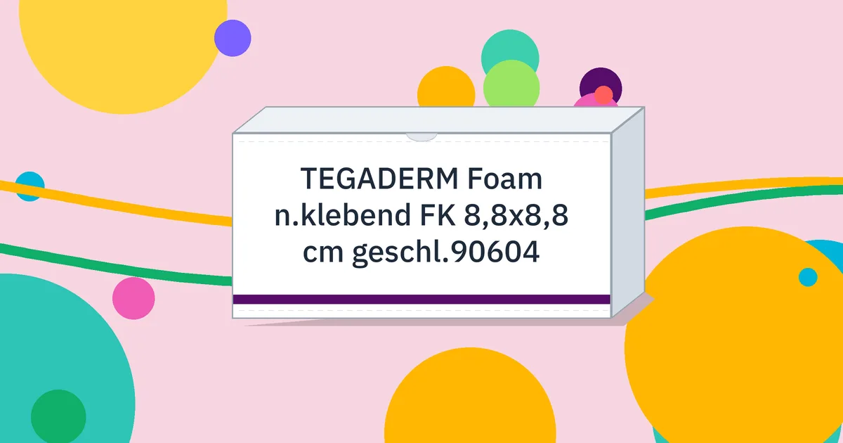 Symbolbild: Packung mit der Aufschrift TEGADERM Foam n.klebend FK 8,8x8,8 cm geschl.90604 (PZN 06917136) – Verfügbarkeit und Bezug in Apotheken in Frankfurt am Main