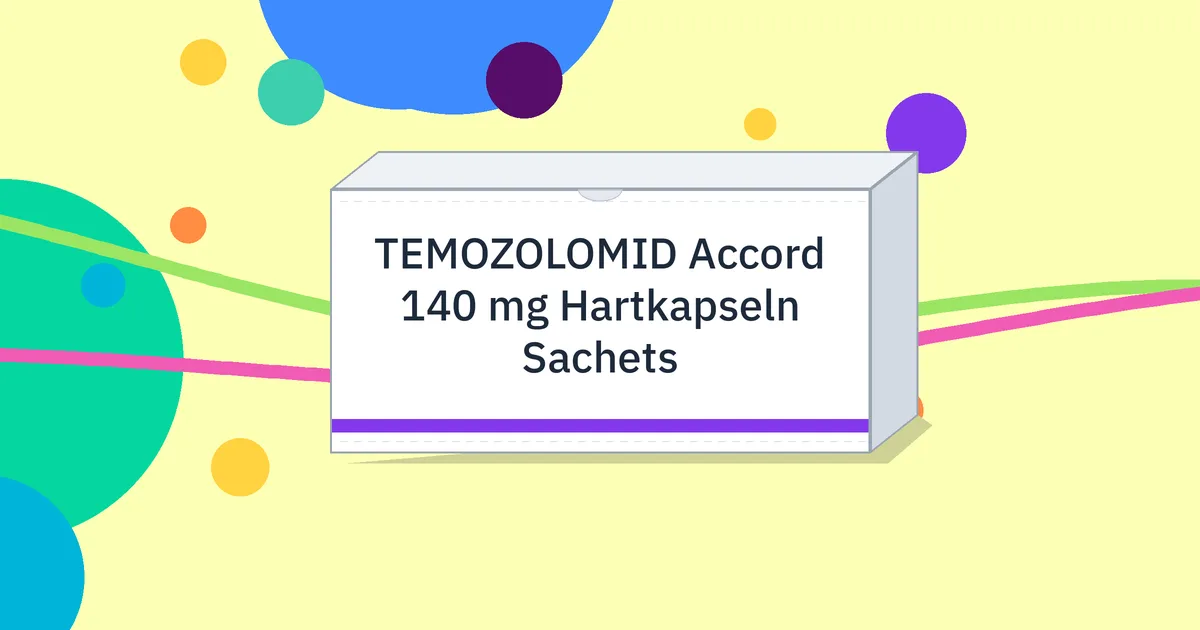 Symbolbild: Packung mit der Aufschrift TEMOZOLOMID Accord 140 mg Hartkapseln Sachets (PZN 16597968) – Verfügbarkeit und Bezug in Apotheken in Frankfurt am Main