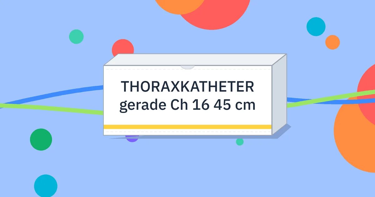 Symbolbild: Packung mit der Aufschrift THORAXKATHETER gerade Ch 16 45 cm (PZN 03049159) – Verfügbarkeit und Bezug in Apotheken in Frankfurt am Main