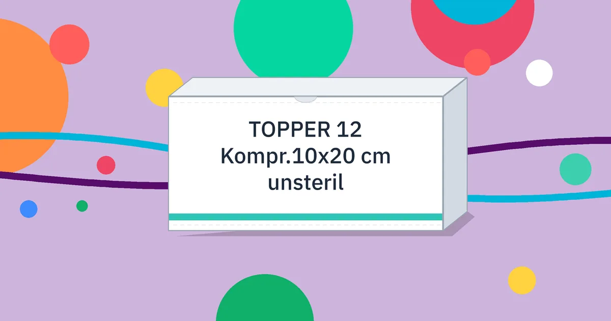 Symbolbild: Packung mit der Aufschrift TOPPER 12 Kompr.10x20 cm unsteril (PZN 03420412) – Verfügbarkeit und Bezug in Apotheken in Frankfurt am Main