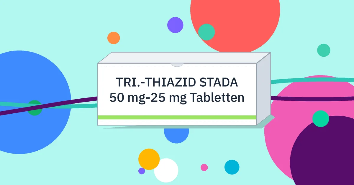 Symbolbild: Packung mit der Aufschrift TRI.-THIAZID STADA 50 mg-25 mg Tabletten (PZN 02373490) – Verfügbarkeit und Bezug in Apotheken in Frankfurt am Main