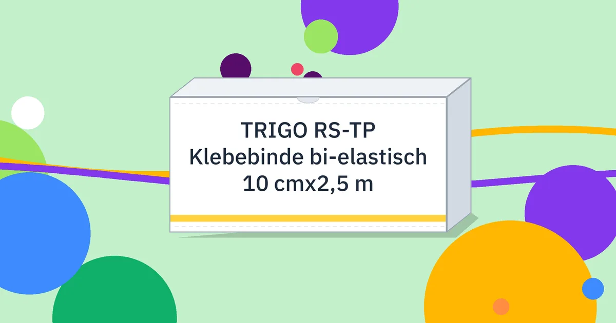 Symbolbild: Packung mit der Aufschrift TRIGO RS-TP Klebebinde bi-elastisch 10 cmx2,5 m (PZN 20342961) – Verfügbarkeit und Bezug in Apotheken in Frankfurt am Main