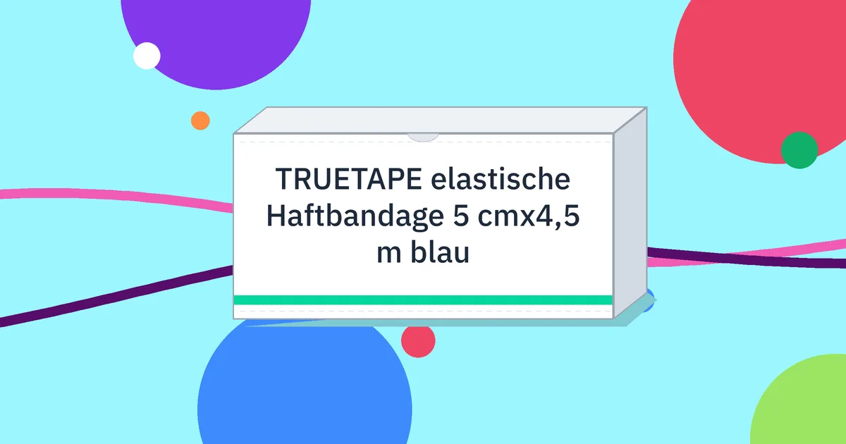 Symbolbild: Packung mit der Aufschrift TRUETAPE elastische Haftbandage 5 cmx4,5 m blau (PZN 20365577) – Verfügbarkeit und Bezug in Apotheken in Frankfurt am Main