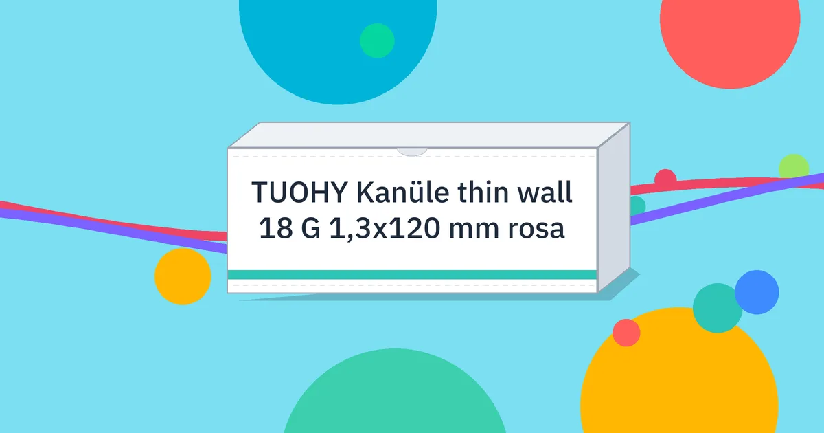 Symbolbild: Packung mit der Aufschrift TUOHY Kanüle thin wall 18 G 1,3x120 mm rosa (PZN 00874383) – Verfügbarkeit und Bezug in Apotheken in Frankfurt am Main
