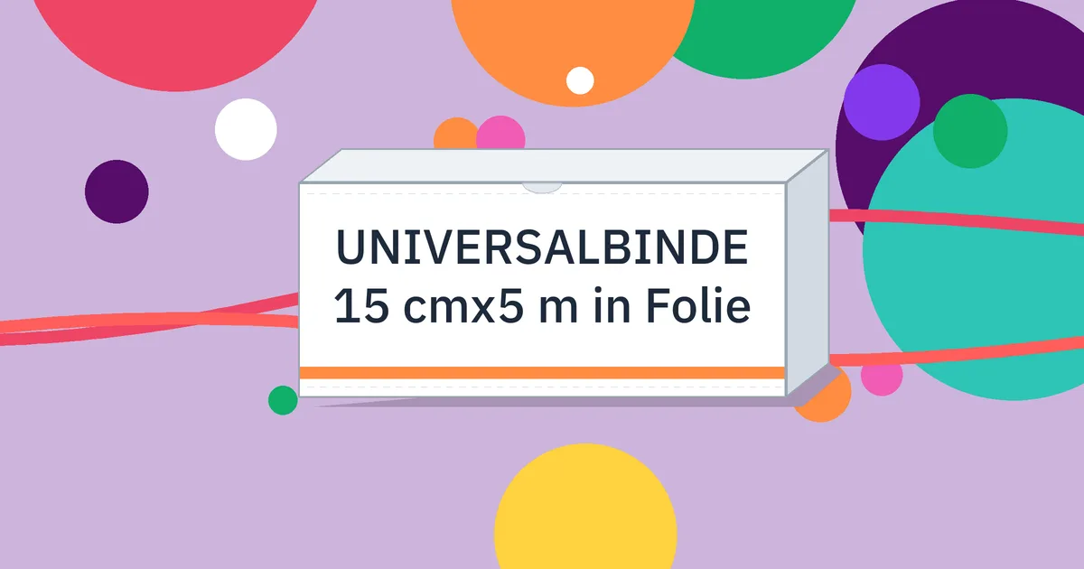 Symbolbild: Packung mit der Aufschrift UNIVERSALBINDE 15 cmx5 m in Folie (PZN 07095682) – Verfügbarkeit und Bezug in Apotheken in Frankfurt am Main