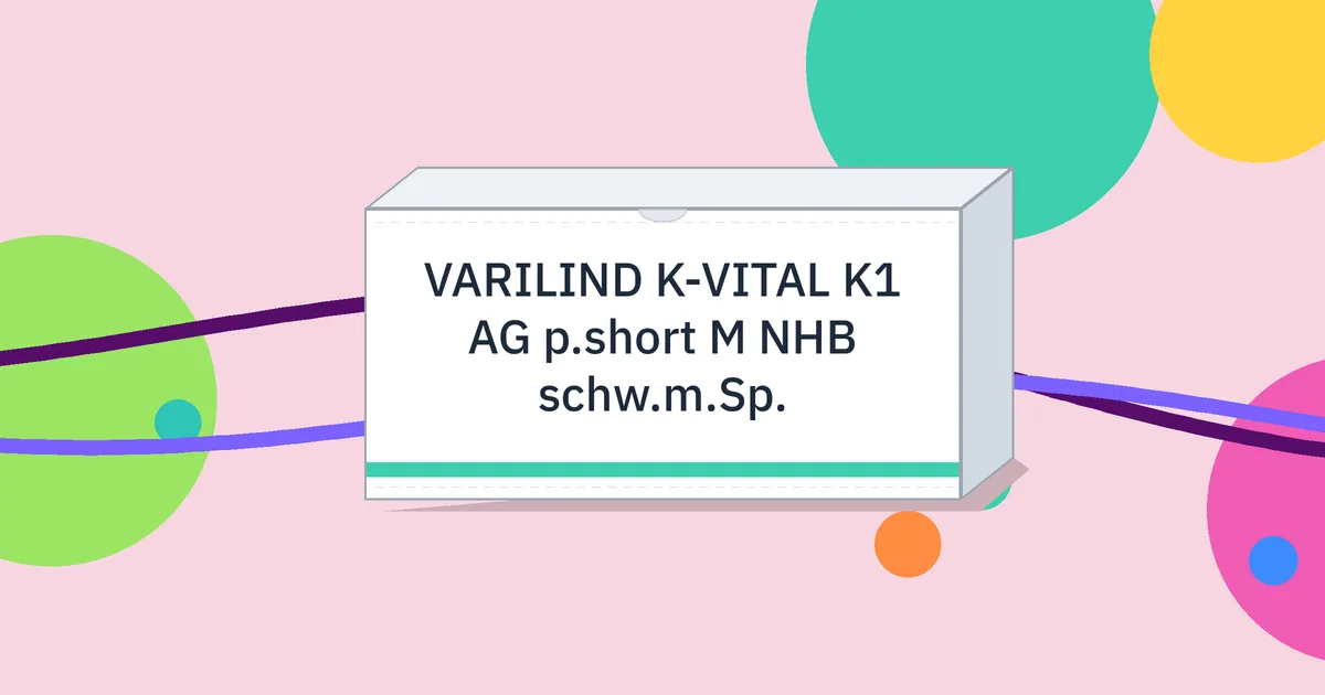 Symbolbild: Packung mit der Aufschrift VARILIND K-VITAL K1 AG p.short M NHB schw.m.Sp. (PZN 20563521) – Verfügbarkeit und Bezug in Apotheken in Frankfurt am Main