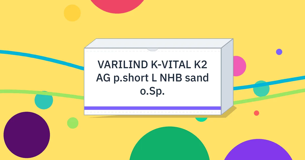 Symbolbild: Packung mit der Aufschrift VARILIND K-VITAL K2 AG p.short L NHB sand o.Sp. (PZN 20564532) – Verfügbarkeit und Bezug in Apotheken in Frankfurt am Main