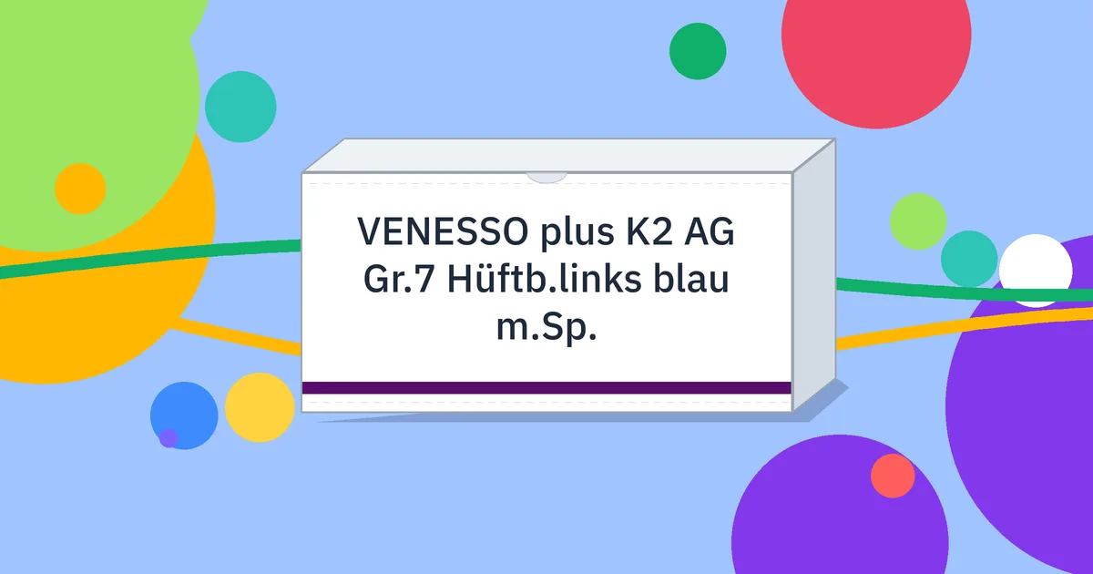 Symbolbild: Packung mit der Aufschrift VENESSO plus K2 AG Gr.7 Hüftb.links blau m.Sp. (PZN 03308359) – Verfügbarkeit und Bezug in Apotheken in Frankfurt am Main